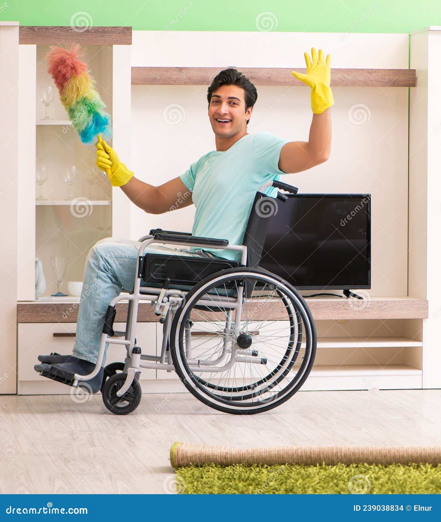 Disabled Man on Wheelchair Cleaning House Stock Photo - Image of chores ...