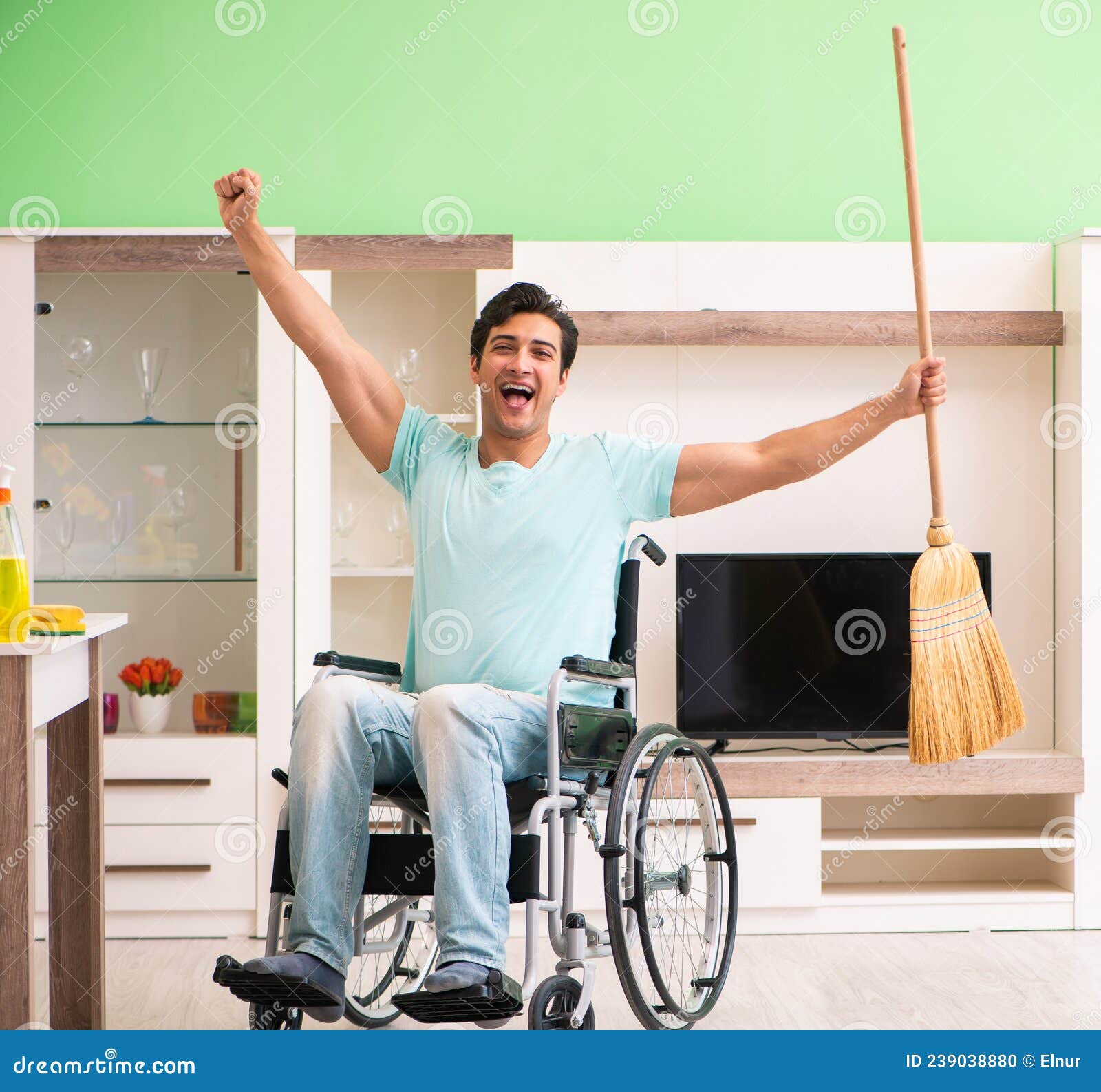 Disabled Man on Wheelchair Cleaning House Stock Photo - Image of clean ...