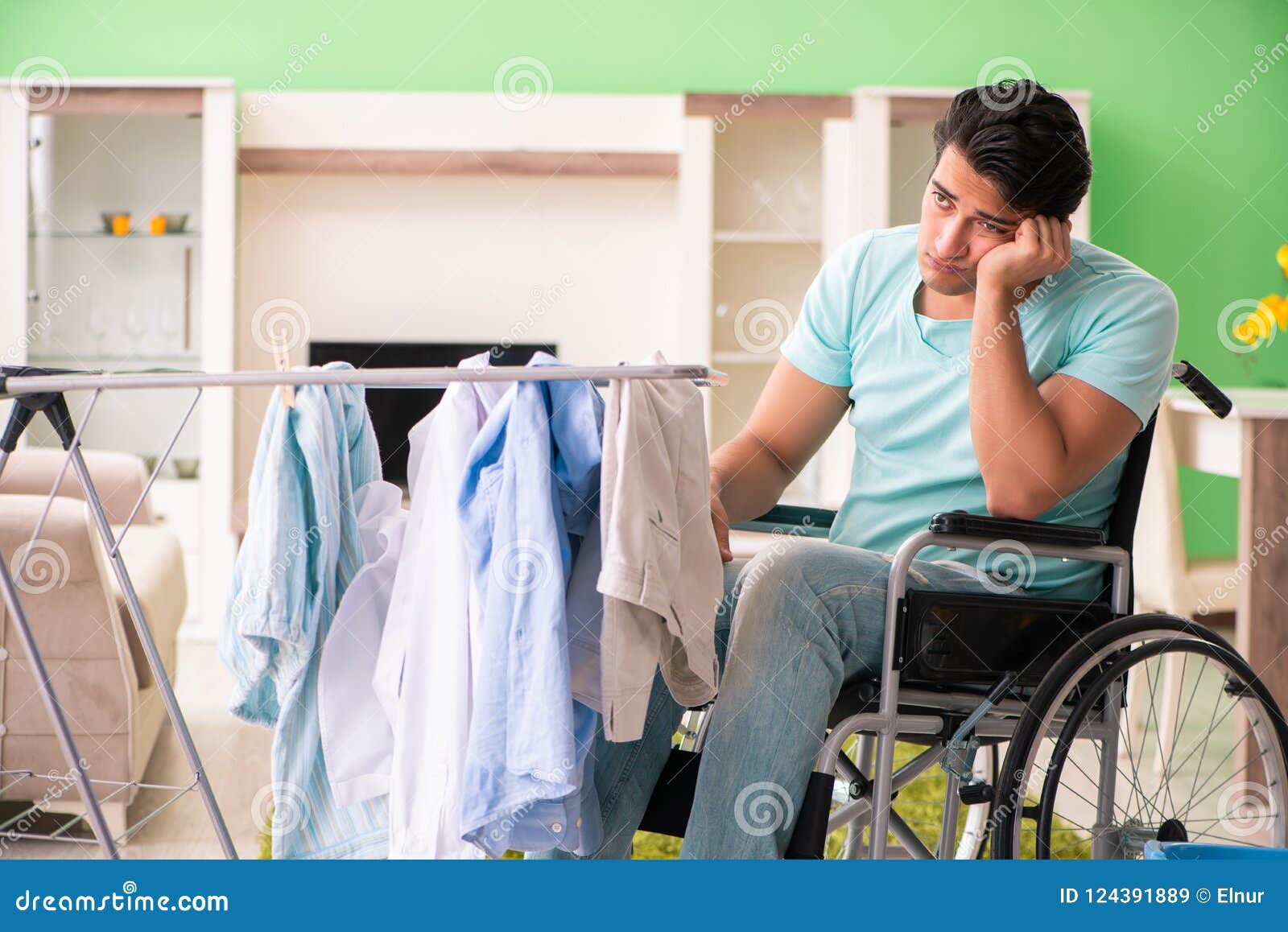 The Disabled Man on Wheelchair Doing Laundry Stock Image - Image of ...
