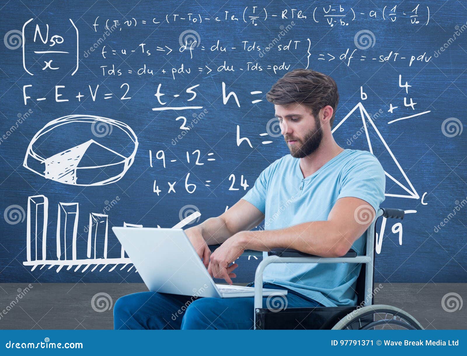 Disabled Man in Wheelchair in Front of Blackboard with Math Equations ...