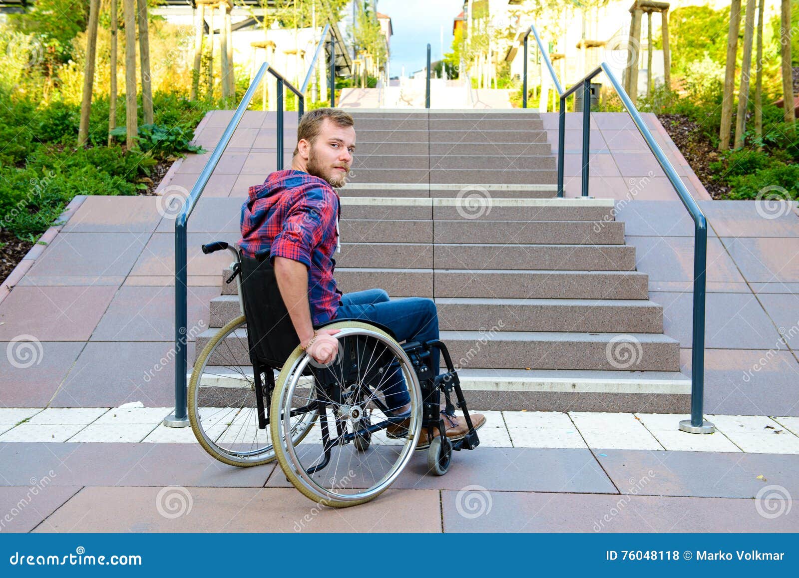 Disabled Man in Wheelchair in Front of Stairs Stock Photo - Image of ...