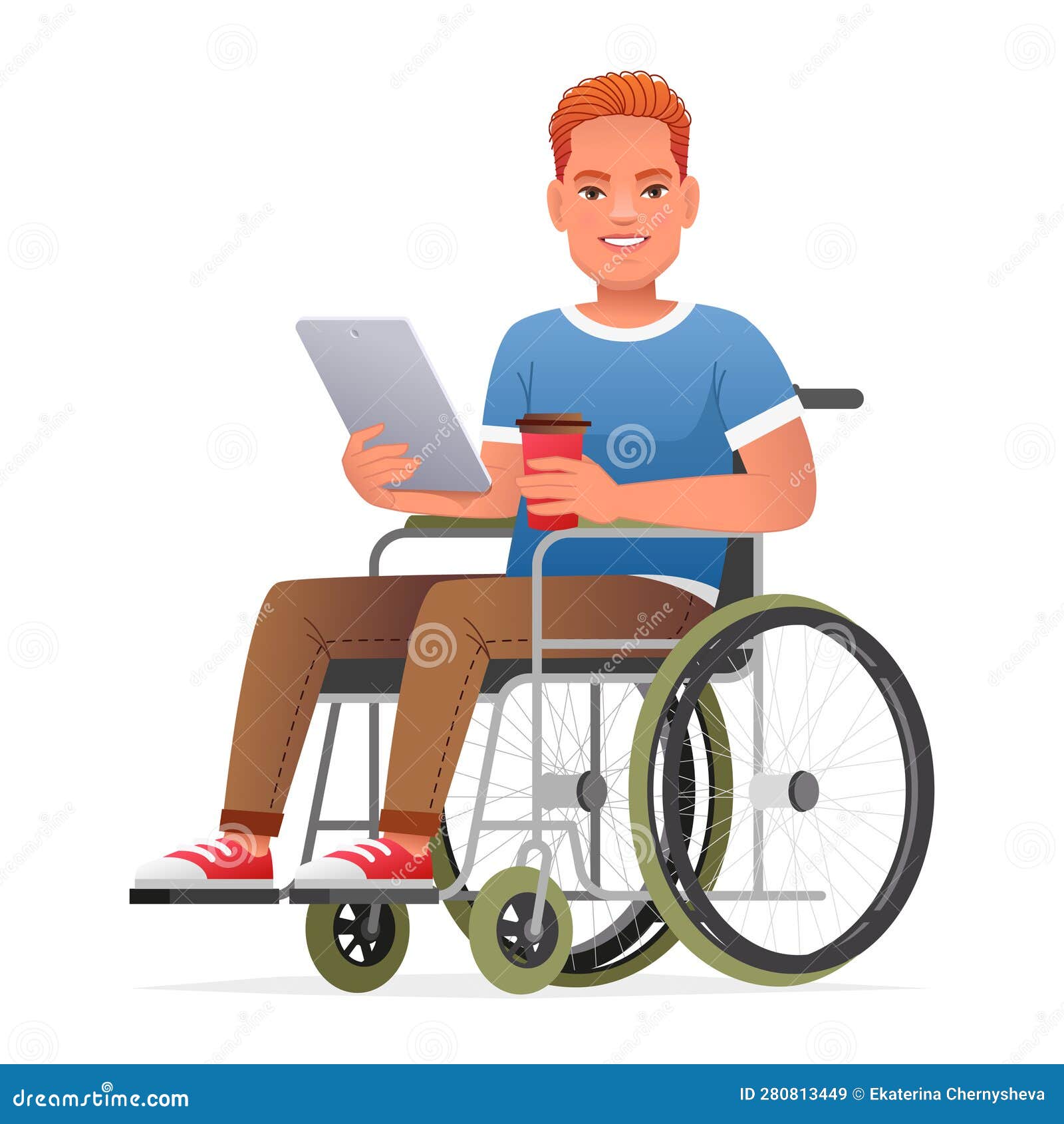 Disabled Man In A Wheelchair Holds A Tablet And A Glass Of Coffee A