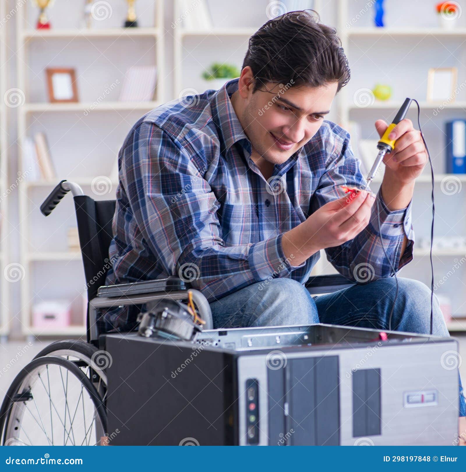Disabled Man on Wheelchair Repairing Computer Stock Photo - Image of ...