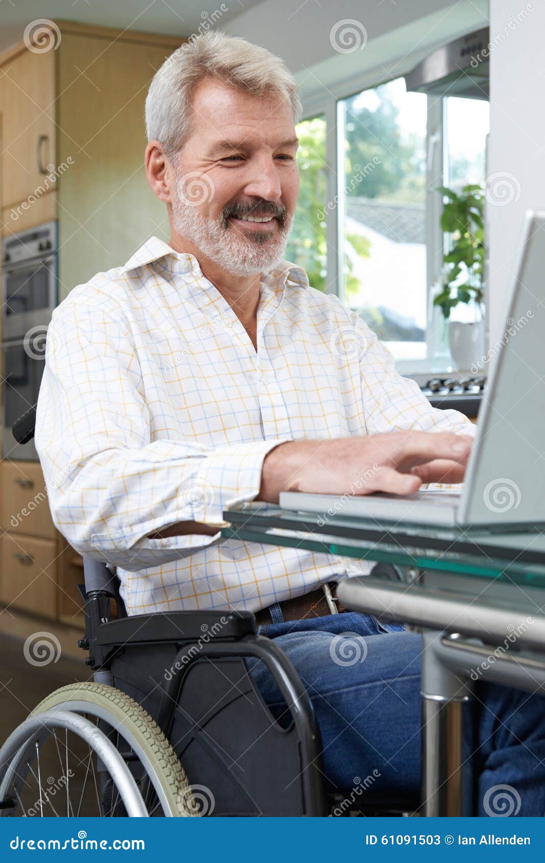 Disabled Man in Wheelchair Using Laptop at Home Stock Image - Image of ...