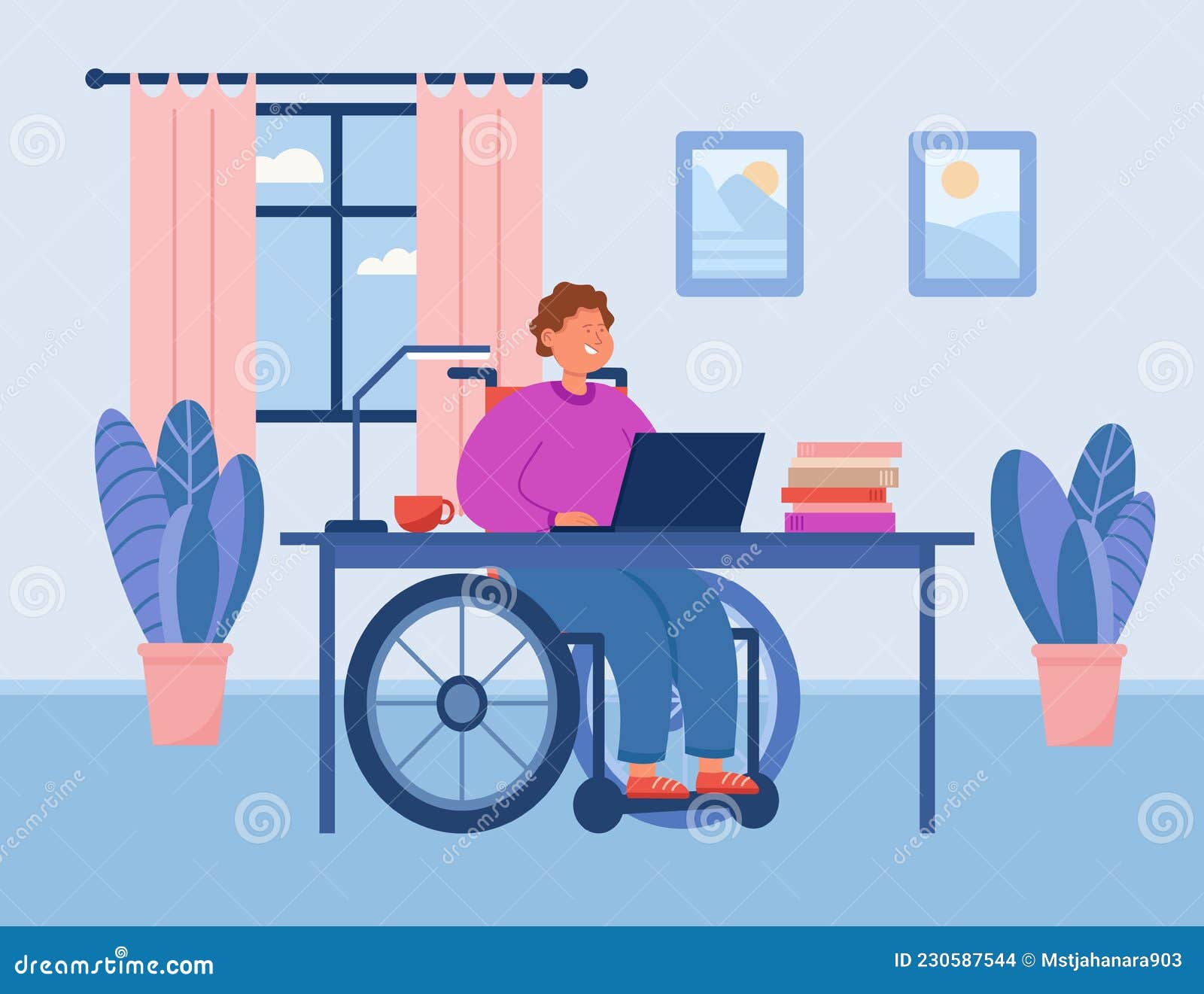 Disabled Man in Wheelchair Working at Computer at Home Stock Vector ...