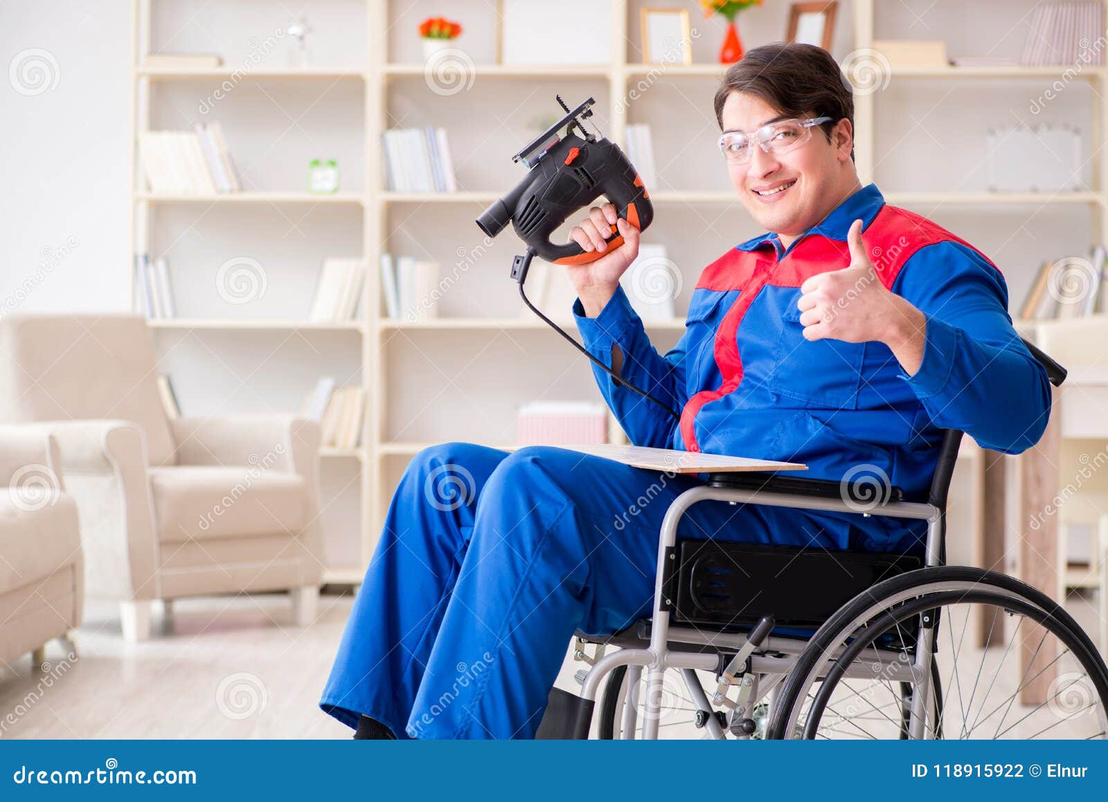 The Disabled Man Working with Handsaw at Home Stock Photo - Image of ...