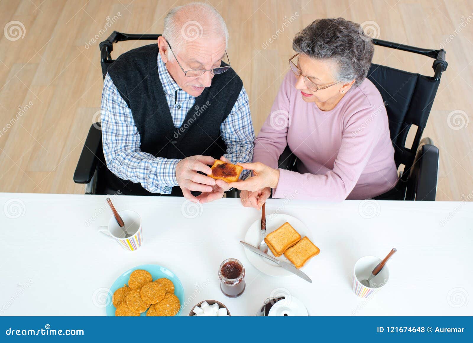 Disabled Old Couple Preparing Having Breakfast Stock Photo - Image of ...