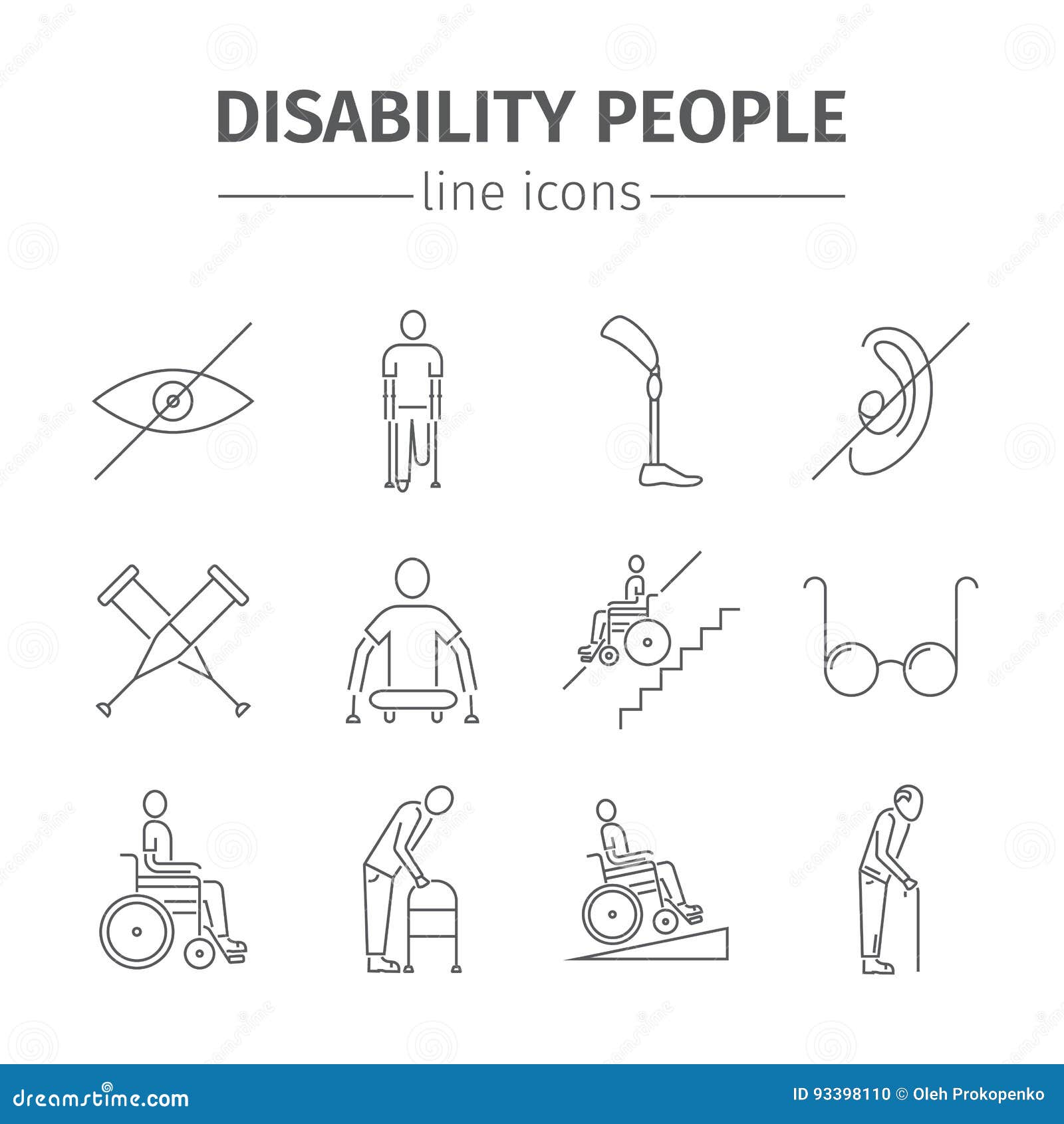 Disabled People Line Icons Set Isolated. Stock Vector - Illustration of ...