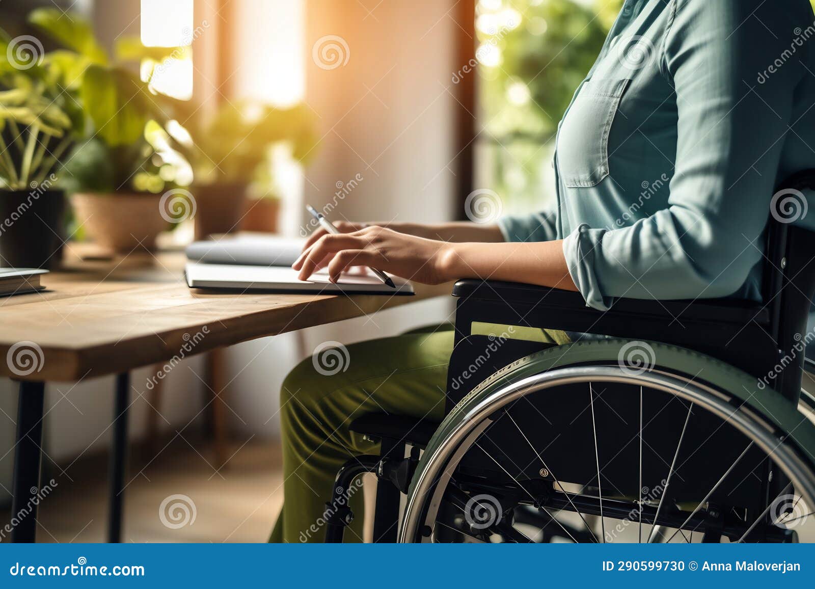A Disabled Peson is Sitting in a Wheelchair and Working Stock ...