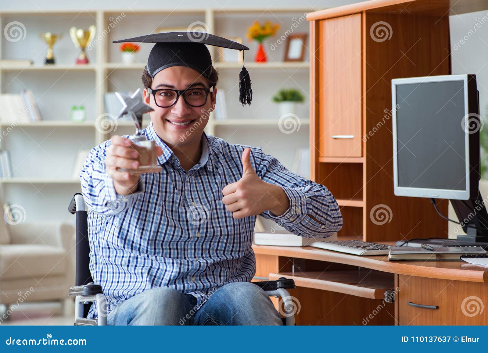 The Disabled Student Studying at Home on Wheelchair Stock Image - Image ...