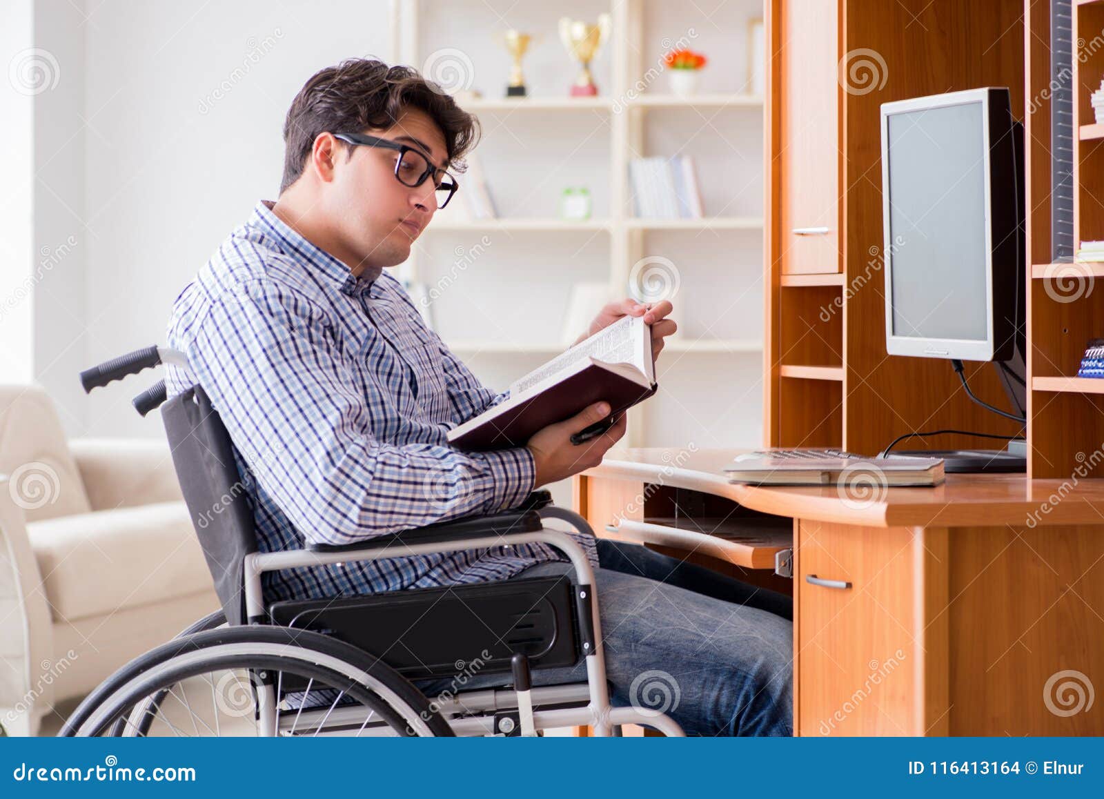 The Disabled Student Studying at Home on Wheelchair Stock Photo - Image ...