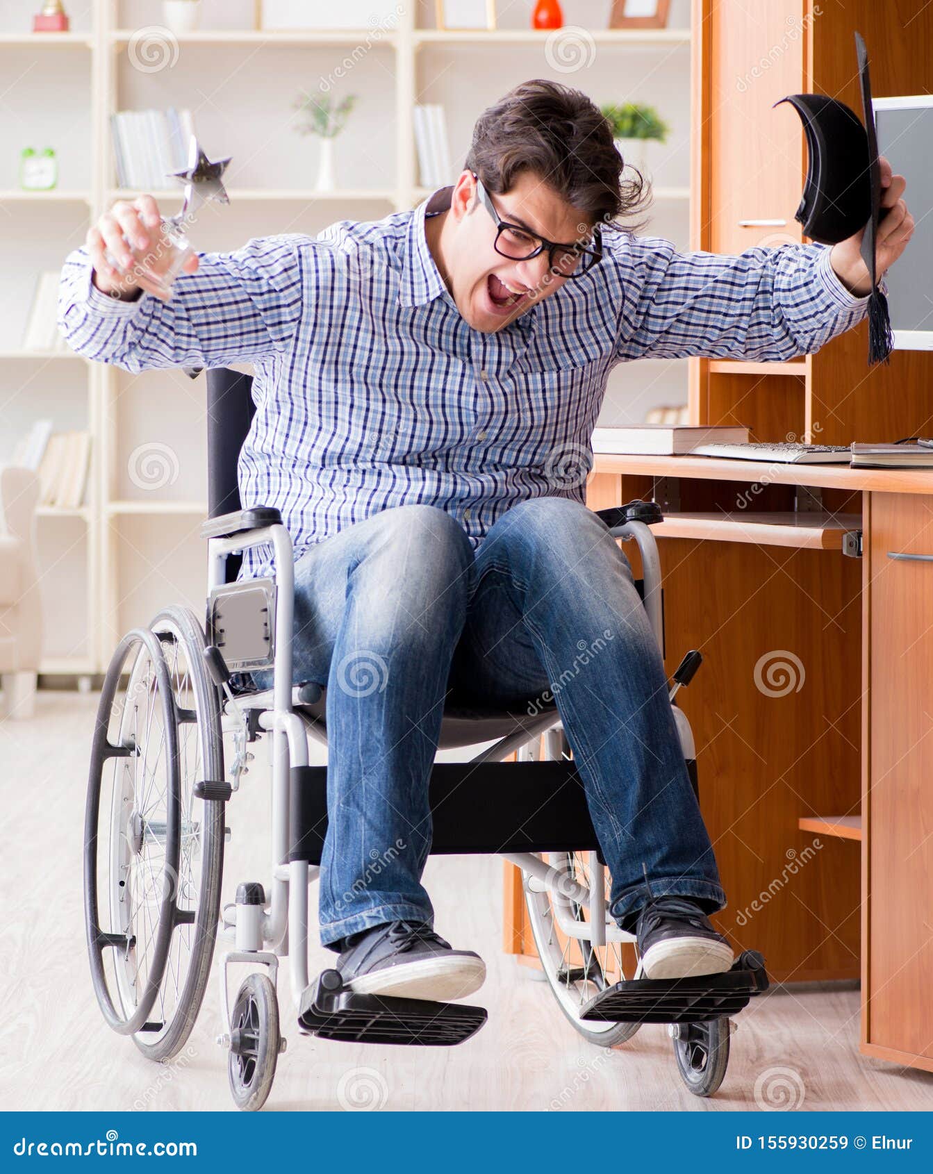 Disabled Student Studying at Home on Wheelchair Stock Image - Image of ...