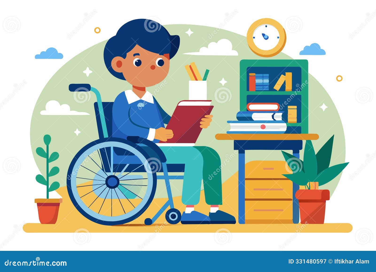 A Disabled Student in a Wheelchair Reads a Book at a Study Desk ...