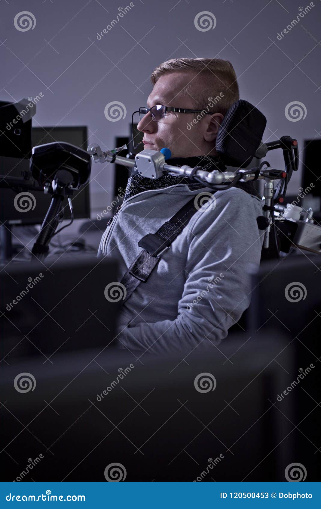 Disabled Student Working with His Computer. Stock Image - Image of ...