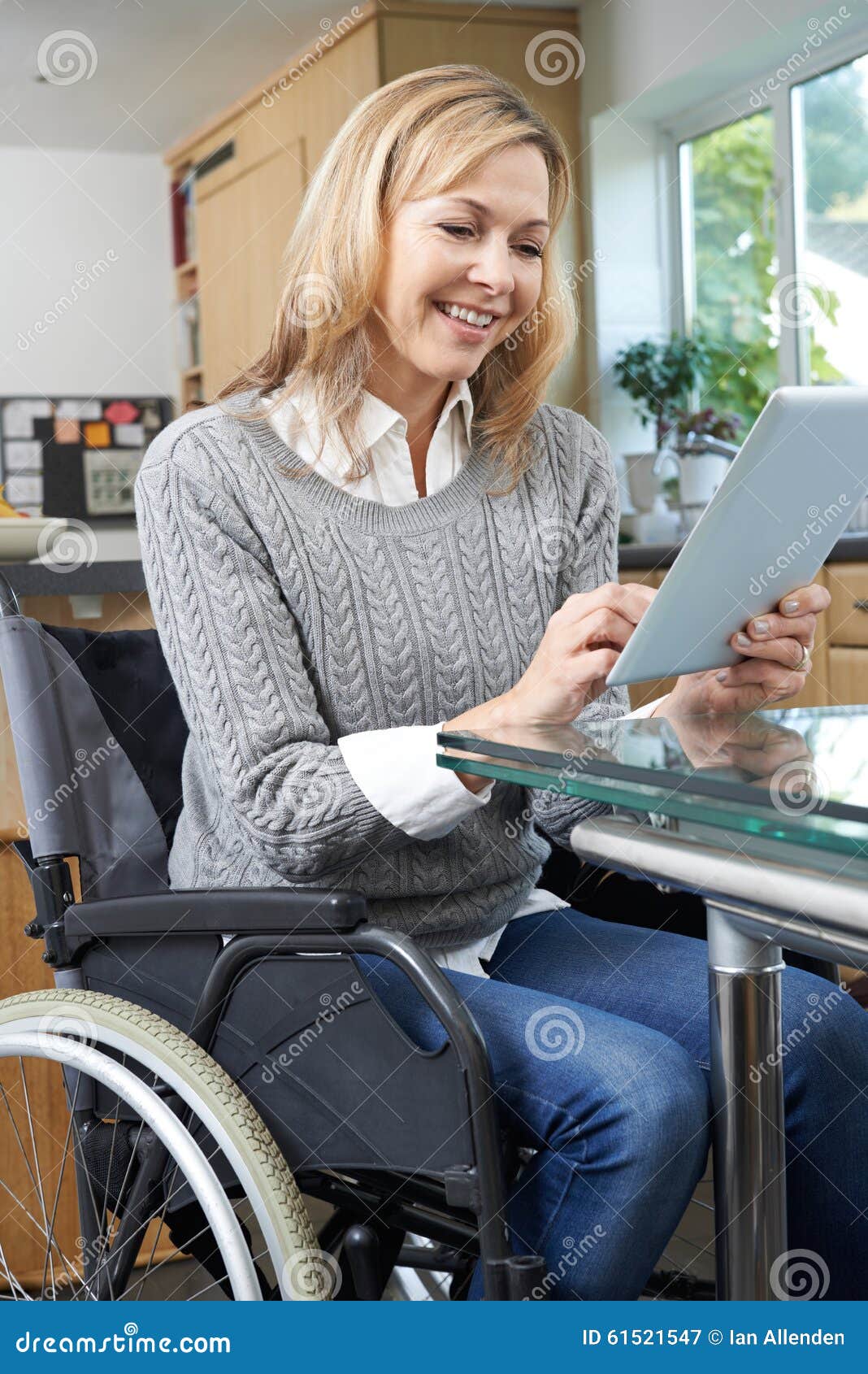 Disabled Woman in Wheelchair Using Digital Tablet at Home Stock Image ...