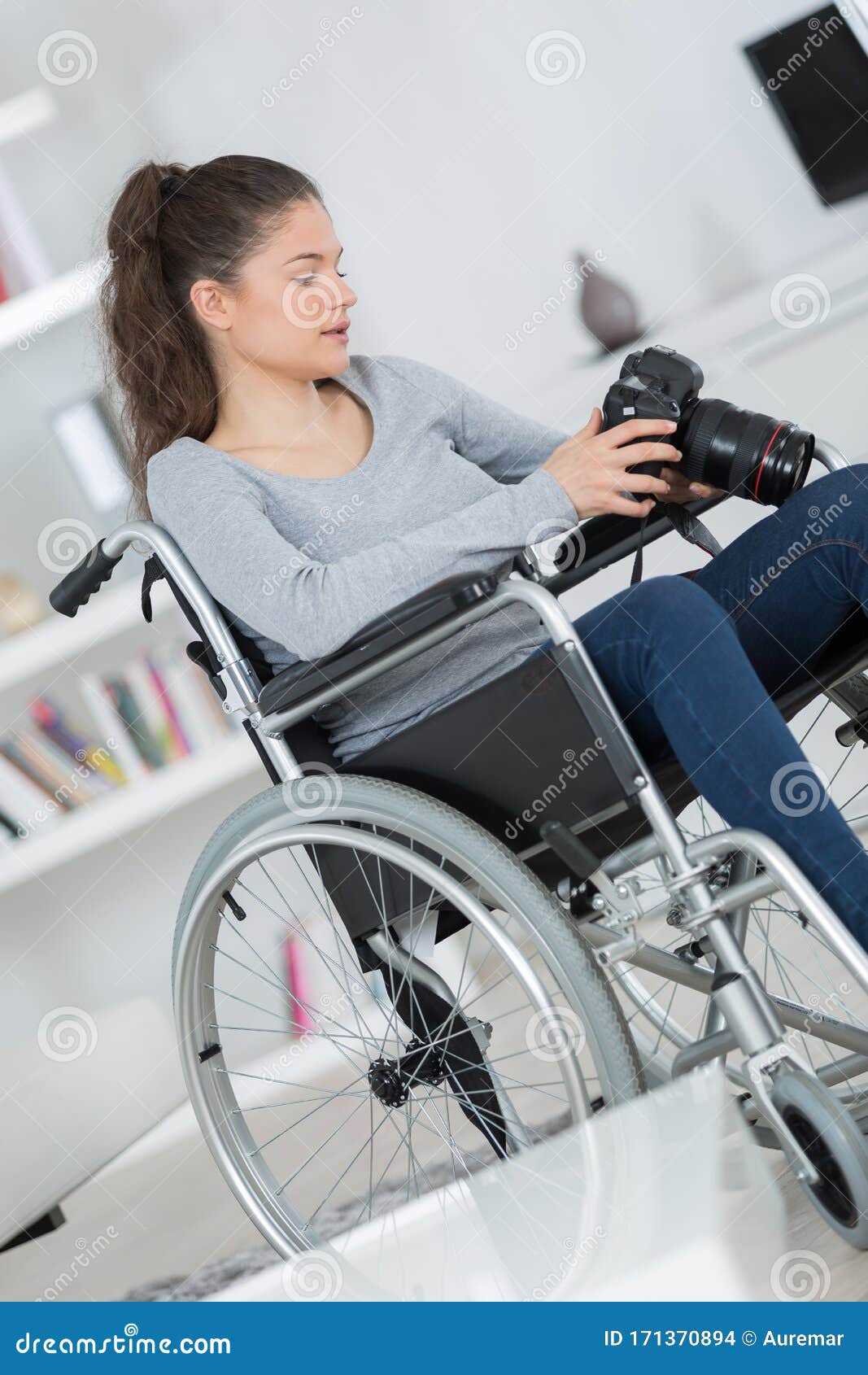 Disabled Woman in Wheelchair Using Camera Stock Photo - Image of health ...