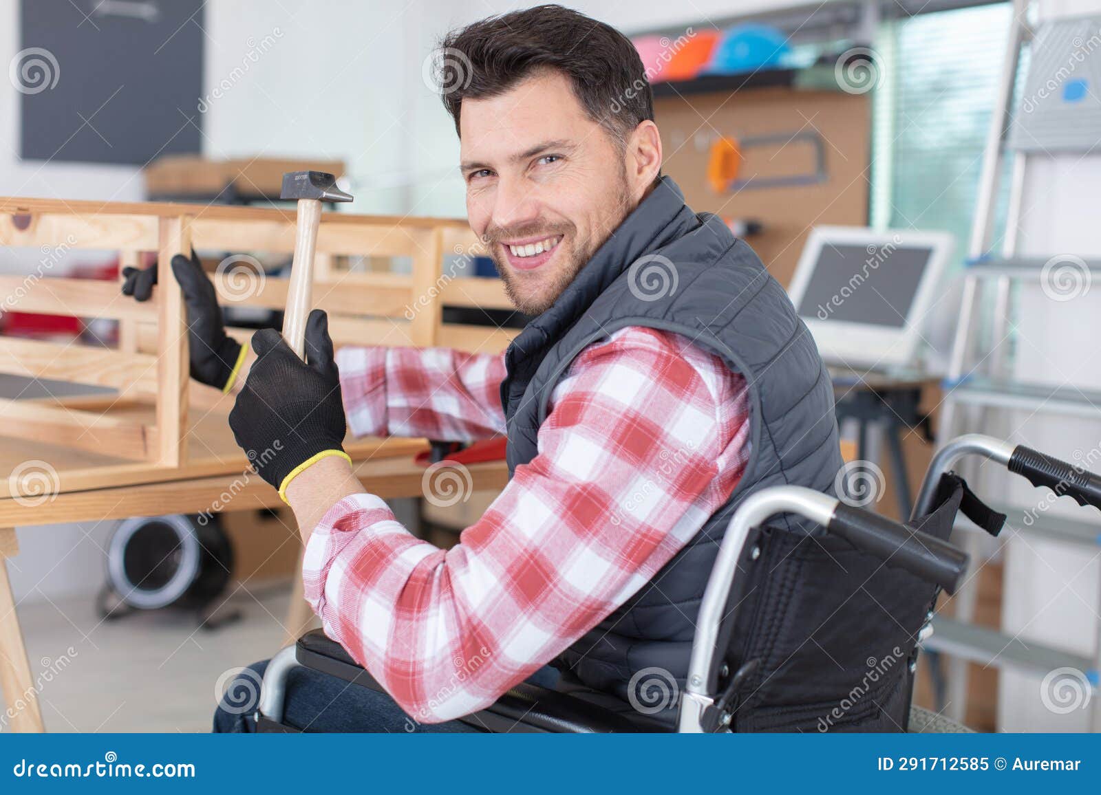 Disabled Worker in Wheelchair in Factory on Machine Stock Image - Image ...