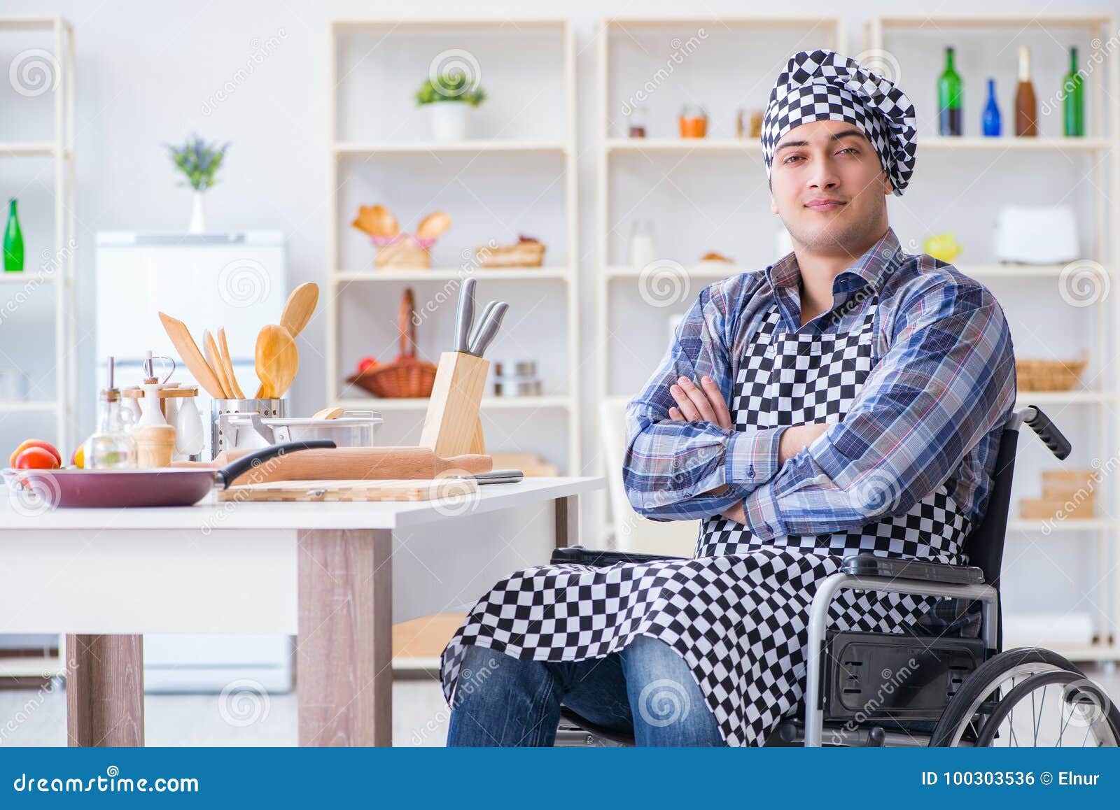 The Disabled Young Husband Frying at Kitchen Stock Photo - Image of ...