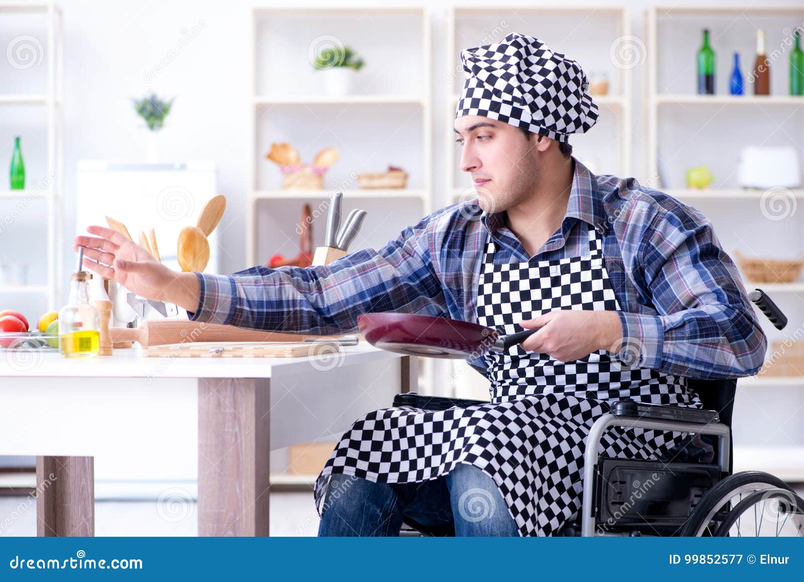 The Disabled Young Husband Frying at Kitchen Stock Image - Image of ...