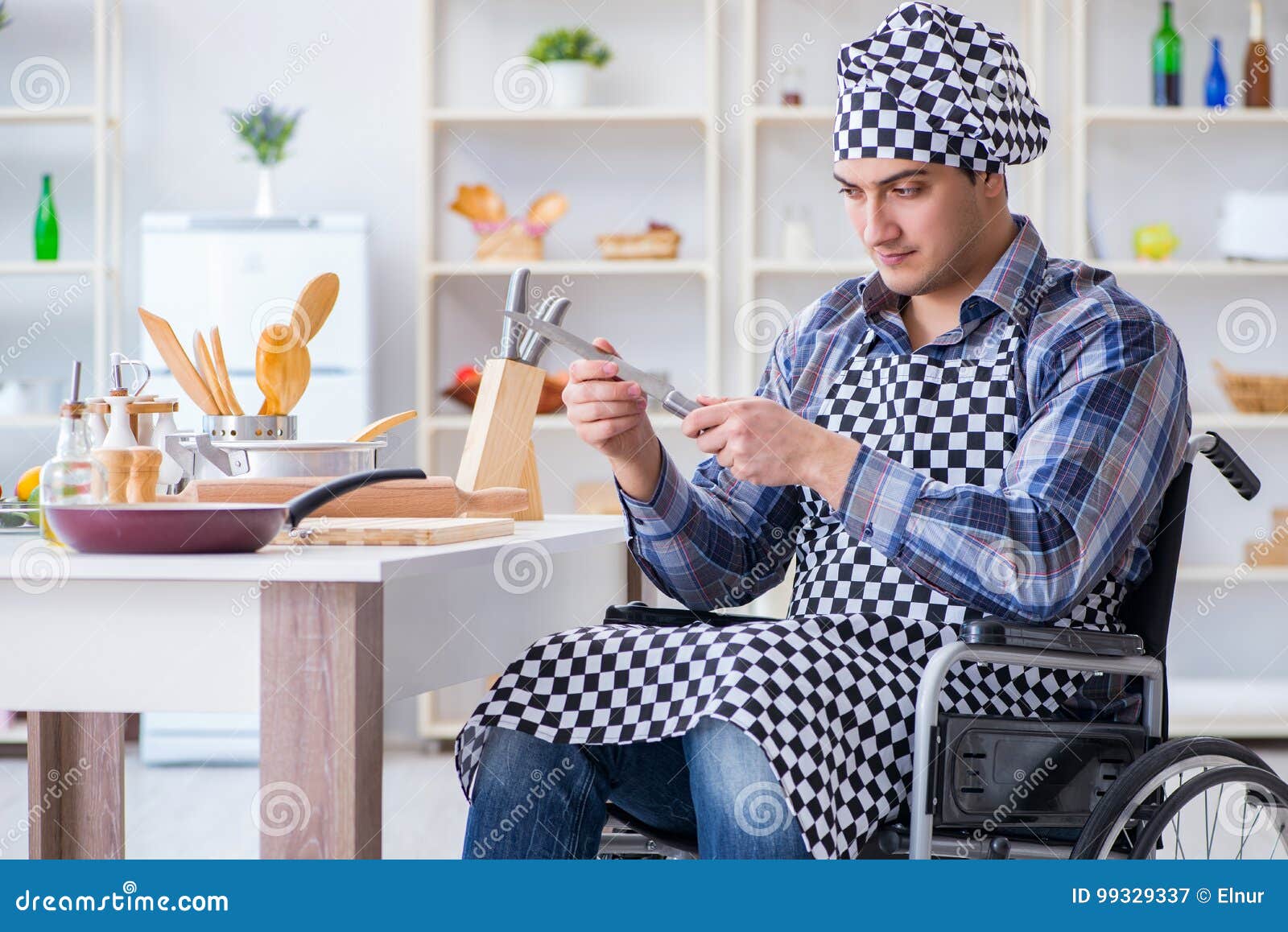 The Disabled Young Man Husband Working in Kitchen Stock Image - Image ...