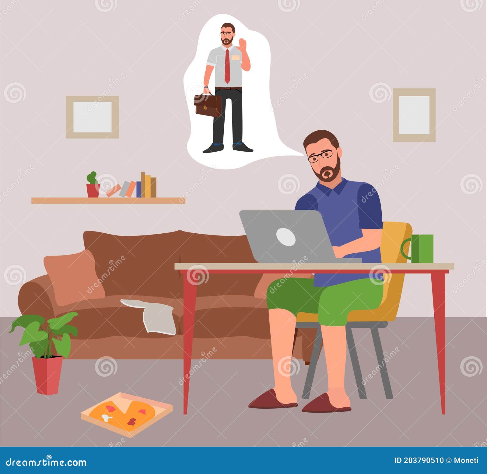 Disadvantages Of Remote Work. Freelancer In Home Clothes Dreams Of An ...