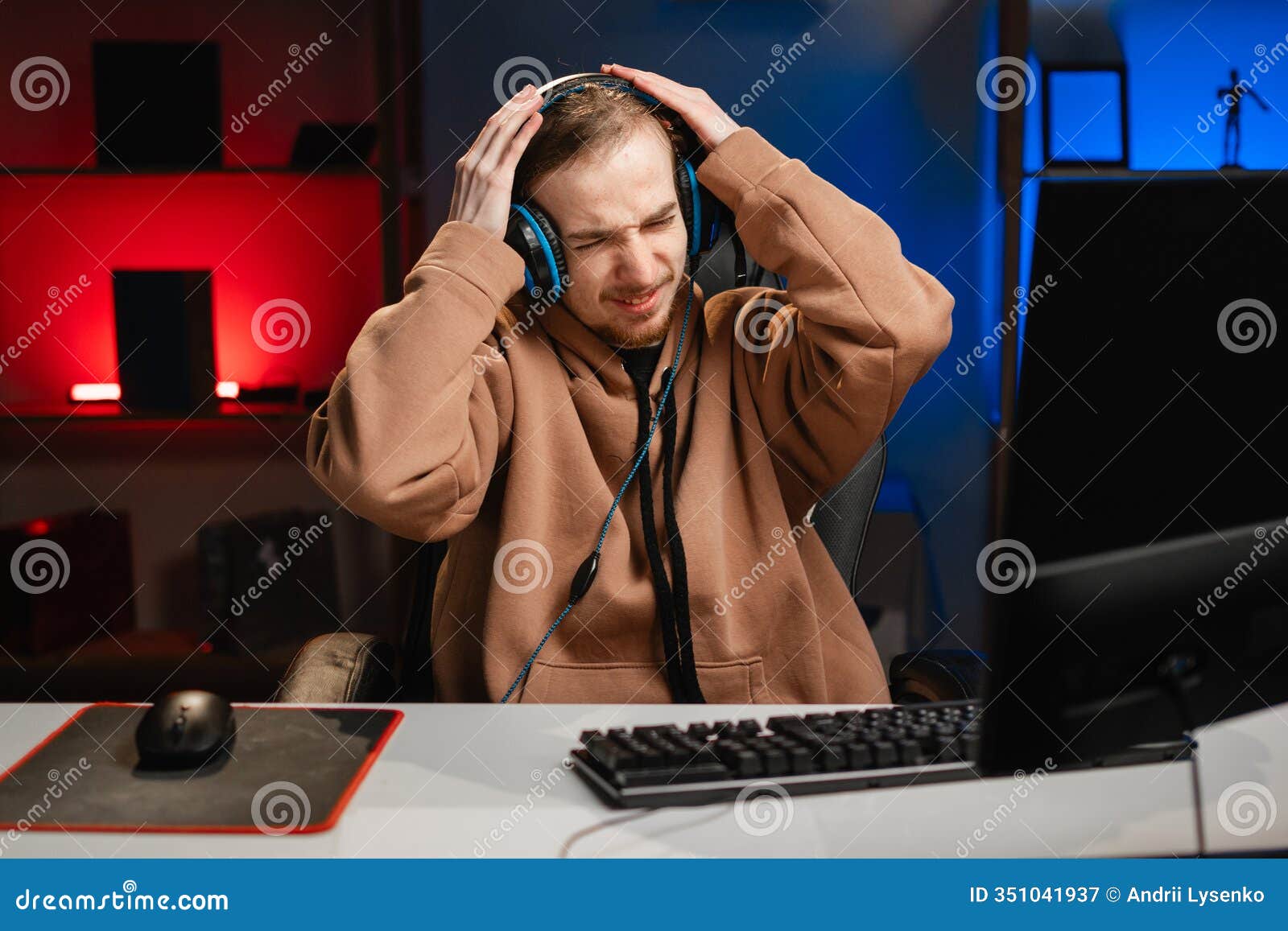 Disappointed Angry Gamer Streamer Broadcasting Stream at Night at Home ...