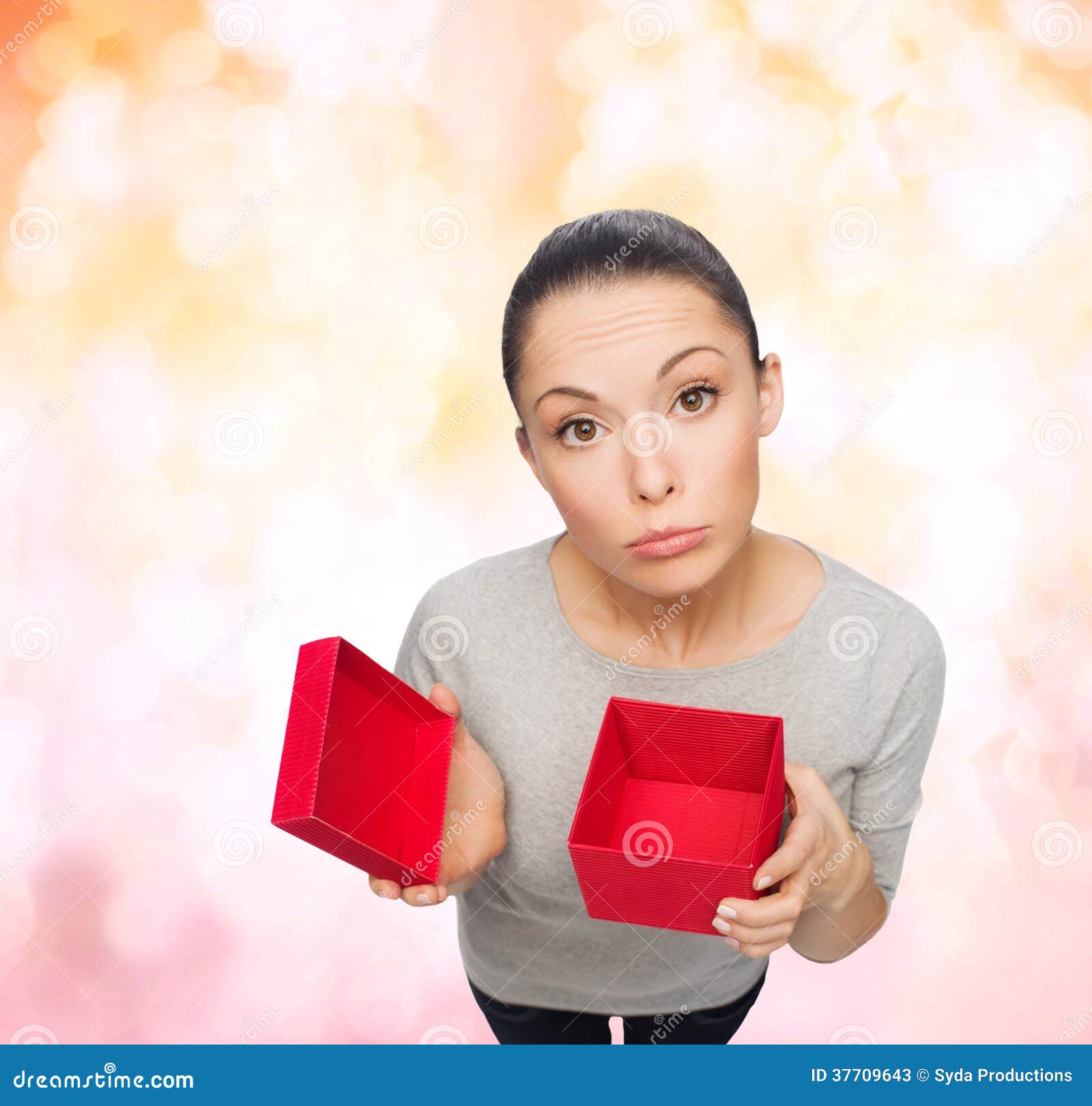 Disappointed Asian Woman with Empty Red Gift Box Stock Image - Image of ...