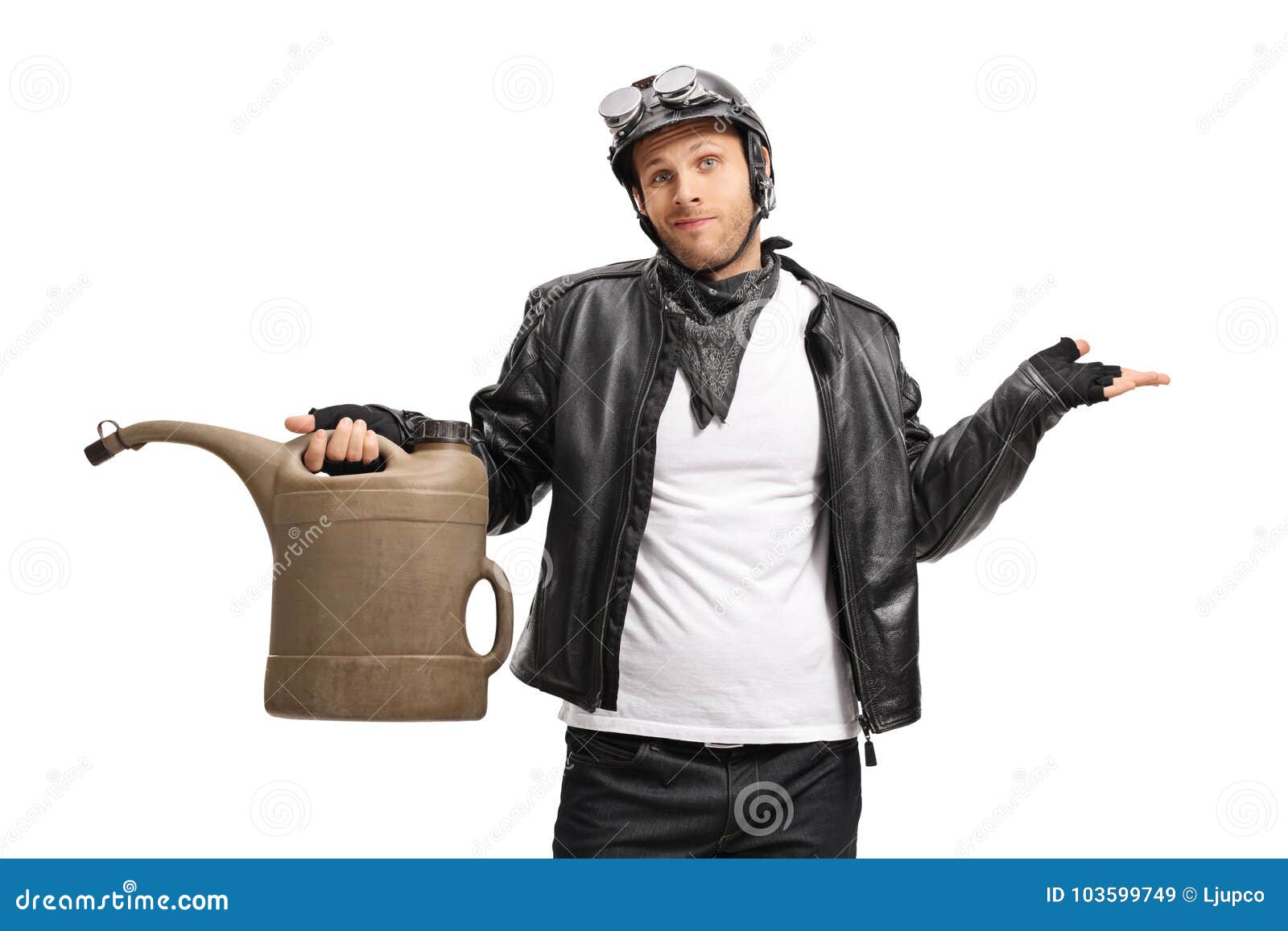 Disappointed Biker Holding An Empty Gas Can Stock Image Image Of