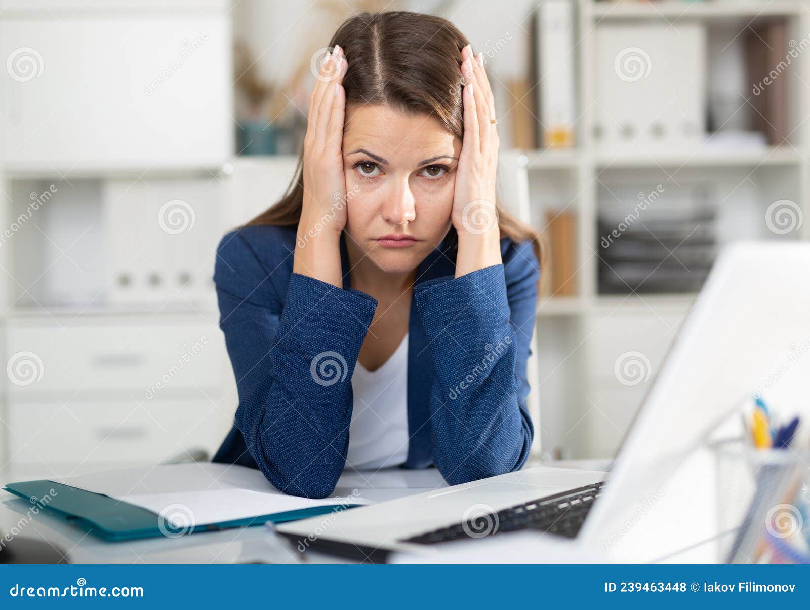Disappointed Female Office Employee Working with Laptop Stock Photo ...