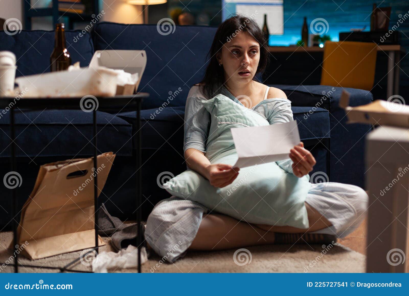 Disappointed Frustrated Depressed Desperate Woman Sitting On Floor