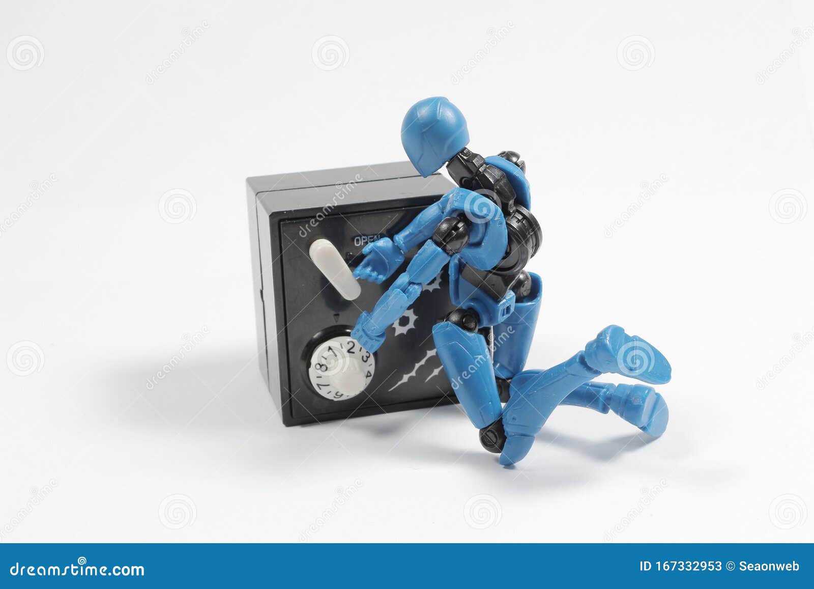 Disappointed Human Figure Sitting Open Safe. Against Background Stock ...