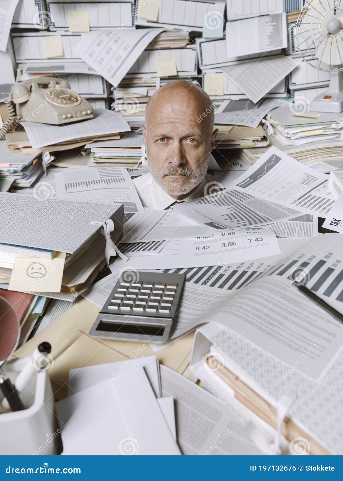 Disappointed Stressed Businessman Overwhelmed by Paperwork Stock Photo ...