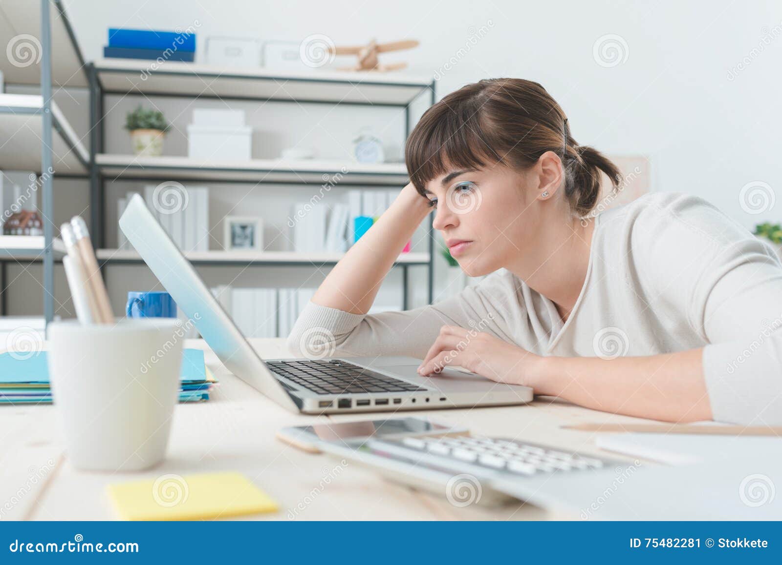 Disappointed Woman Working with a Laptop Stock Image - Image of desk ...