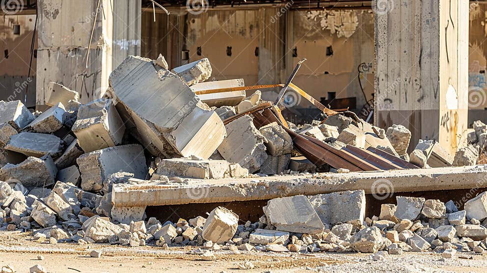 Disarray and Dilapidation, Pile of Concrete Fragments with Support Beam ...