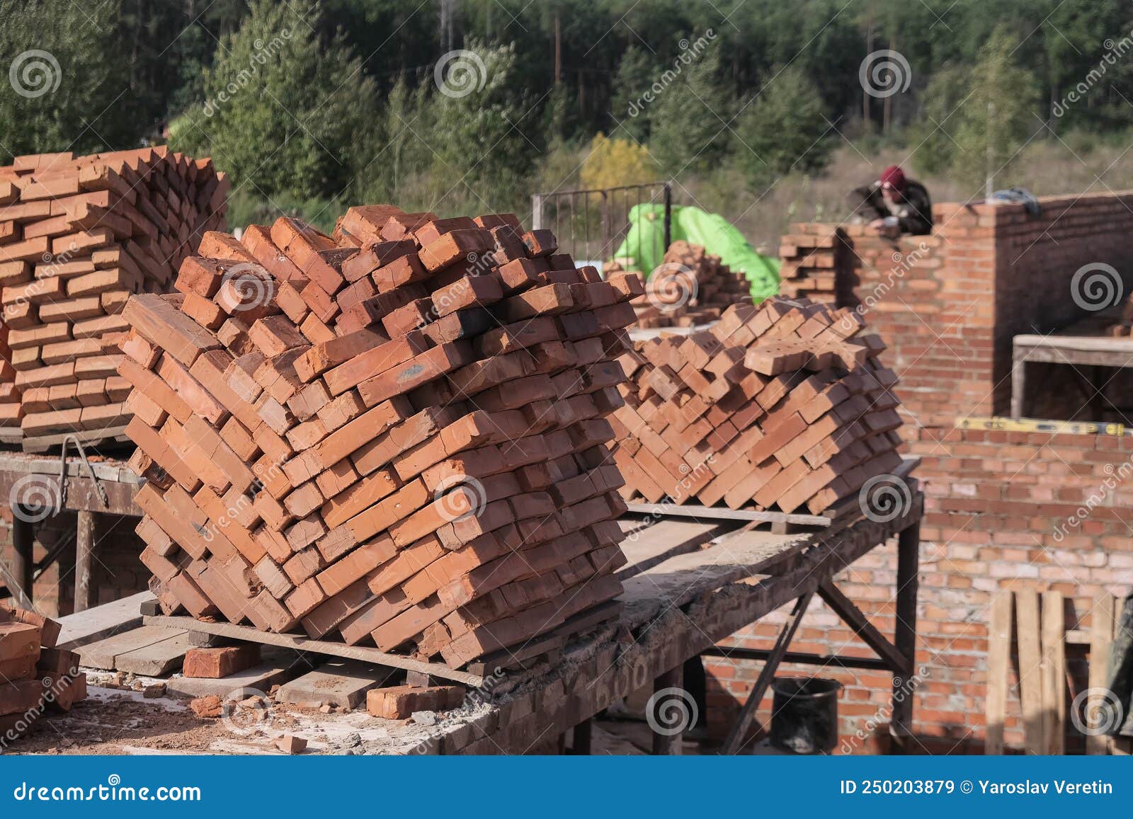 Disassemble Red Concrete Bricks. Scattered Stone Pavement Bricks ...