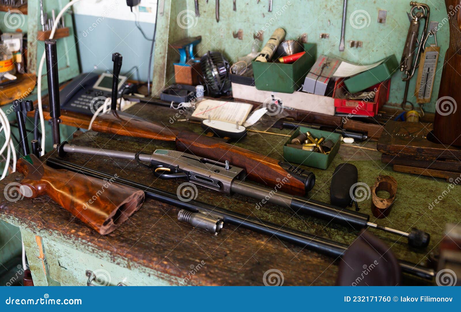 Disassembled Automatic Rifle on the Table of Weapons Workshop Stock ...