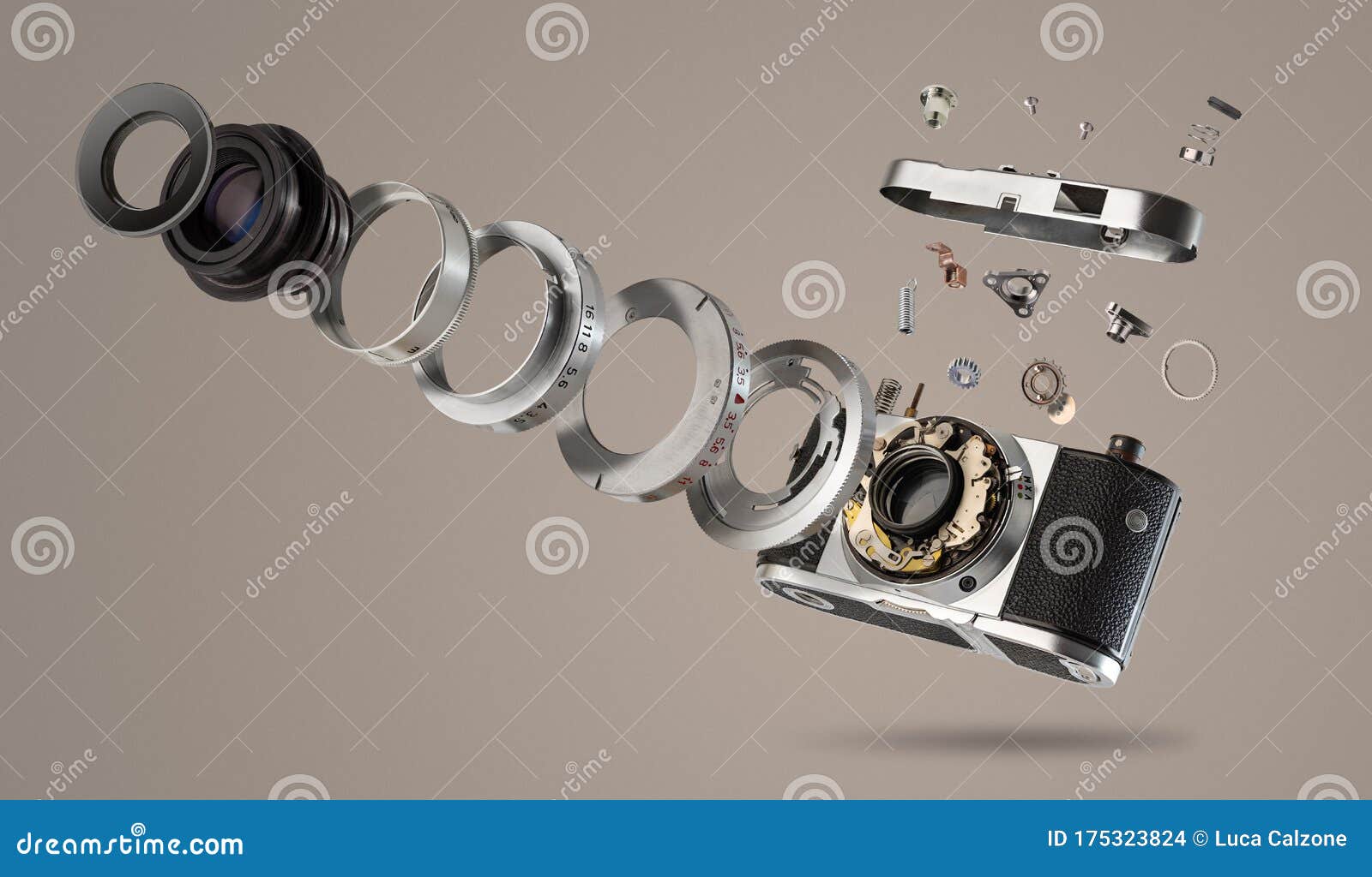Disassembled Camera with Pieces that Jump, Photomontage, Stock Photo ... Disassembled Camera with Pieces that Jump, Photomontage, Stock Photo ...