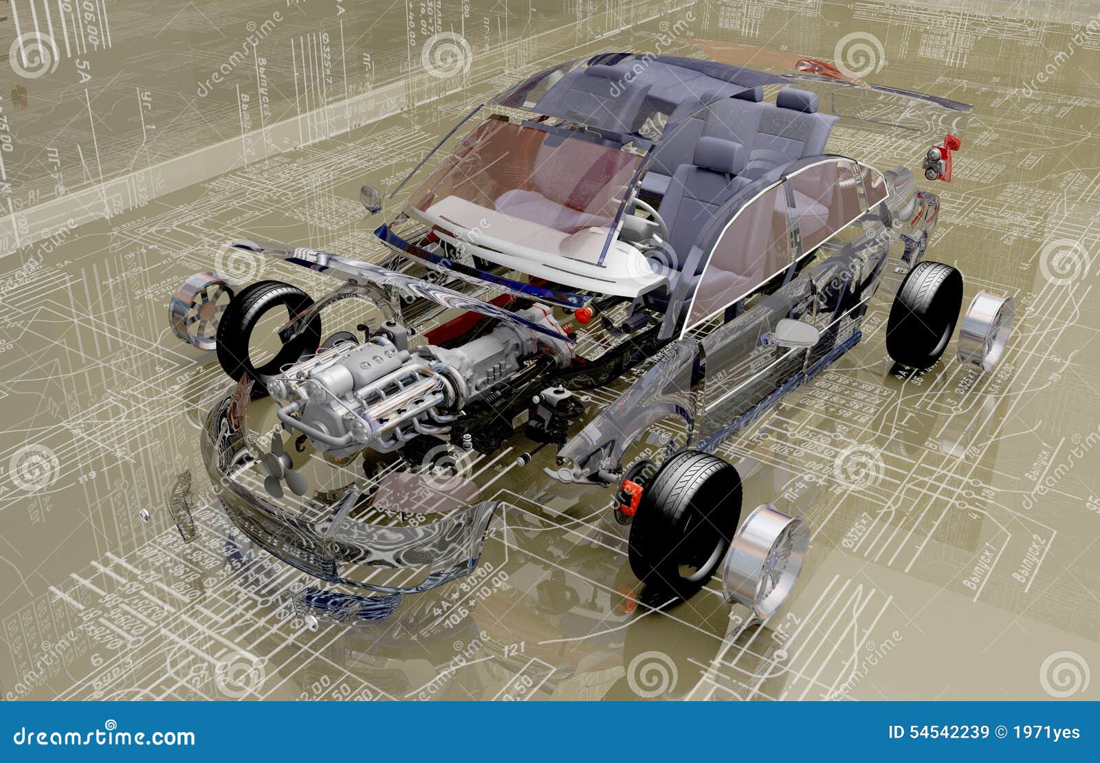 Disassembled car. stock illustration. Illustration of parts - 54542239