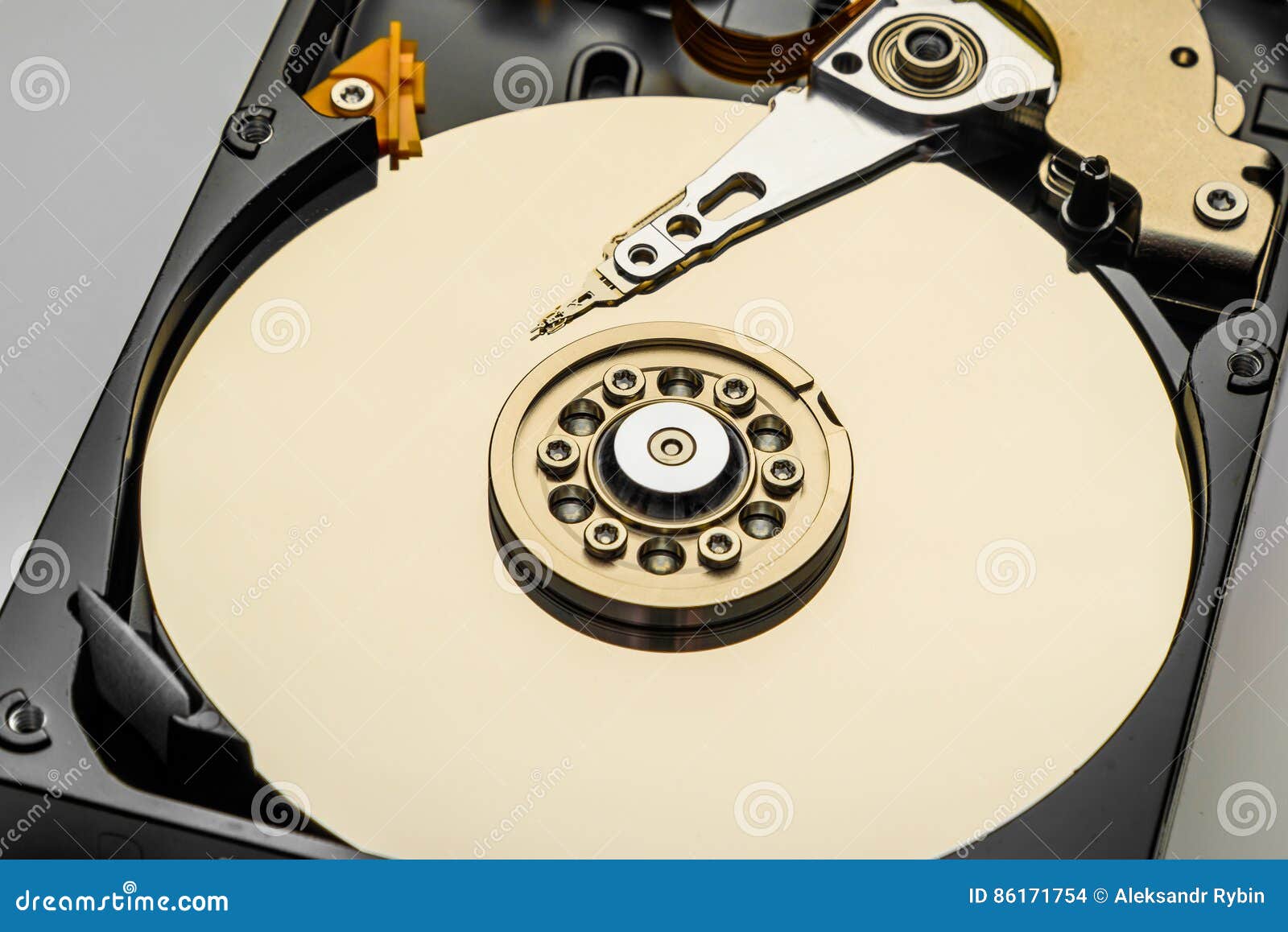 Disassembled Computer Hard Disk Gold Color Closeup Stock Photo - Image ...