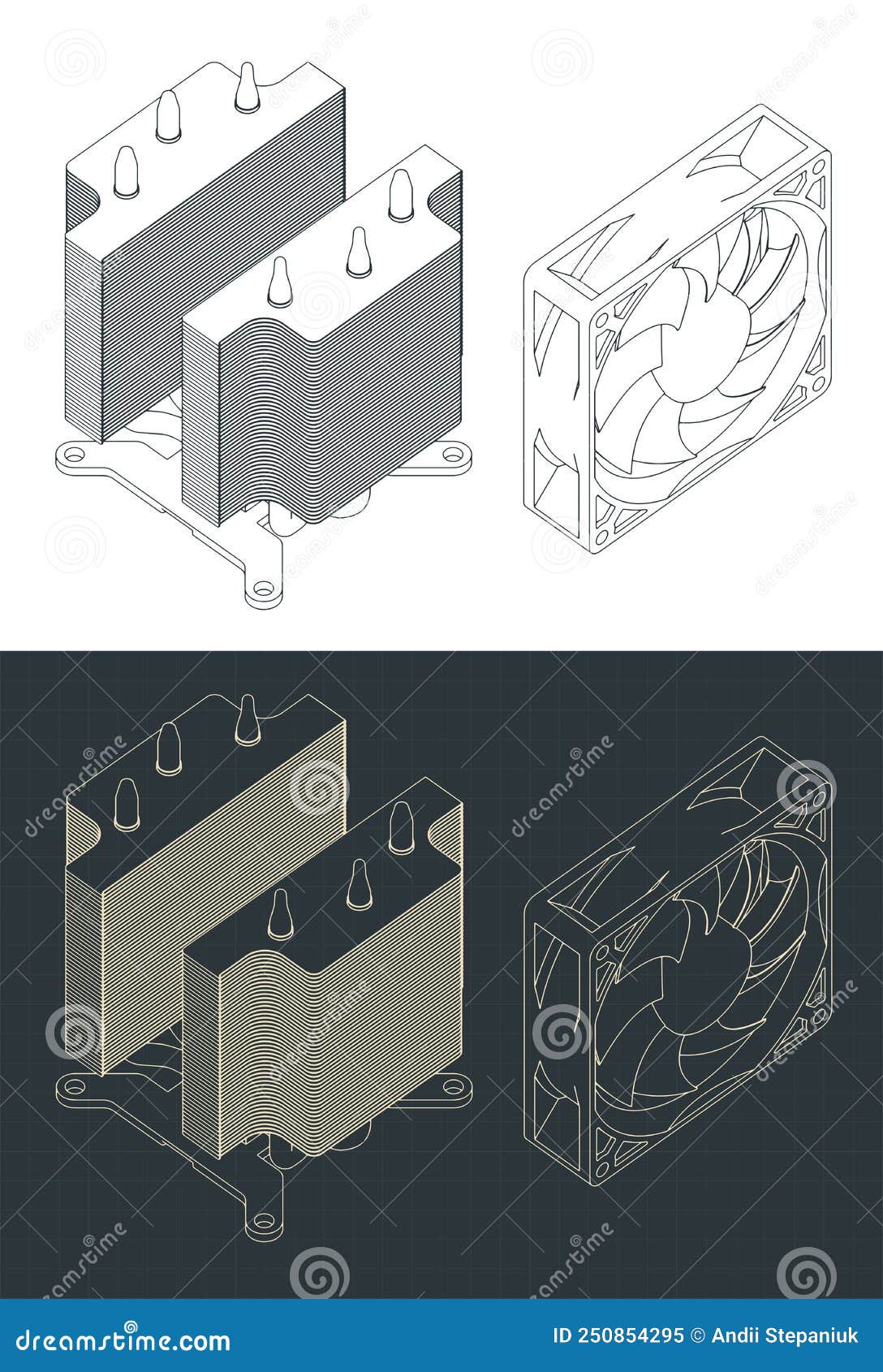Disassembled CPU Cooler Isometric Blueprints Stock Vector ...