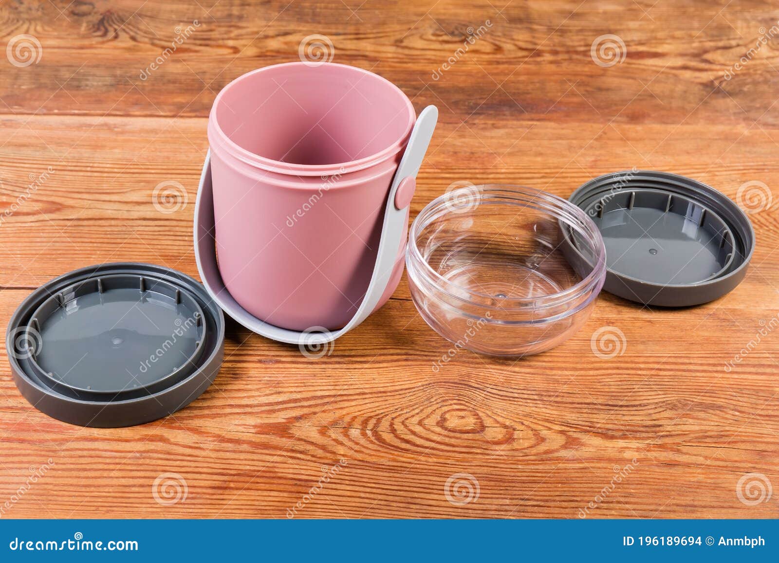 Disassembled Empty Dual Plastic Lunch Box on Old Rustic Table Stock ...