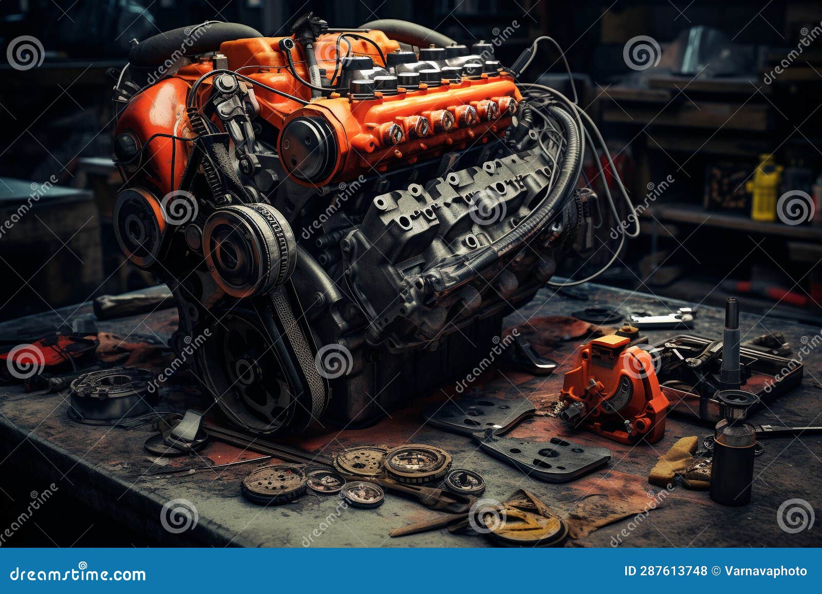 Disassembled Engine and Spare Parts on the Table in the Garage. AI ...