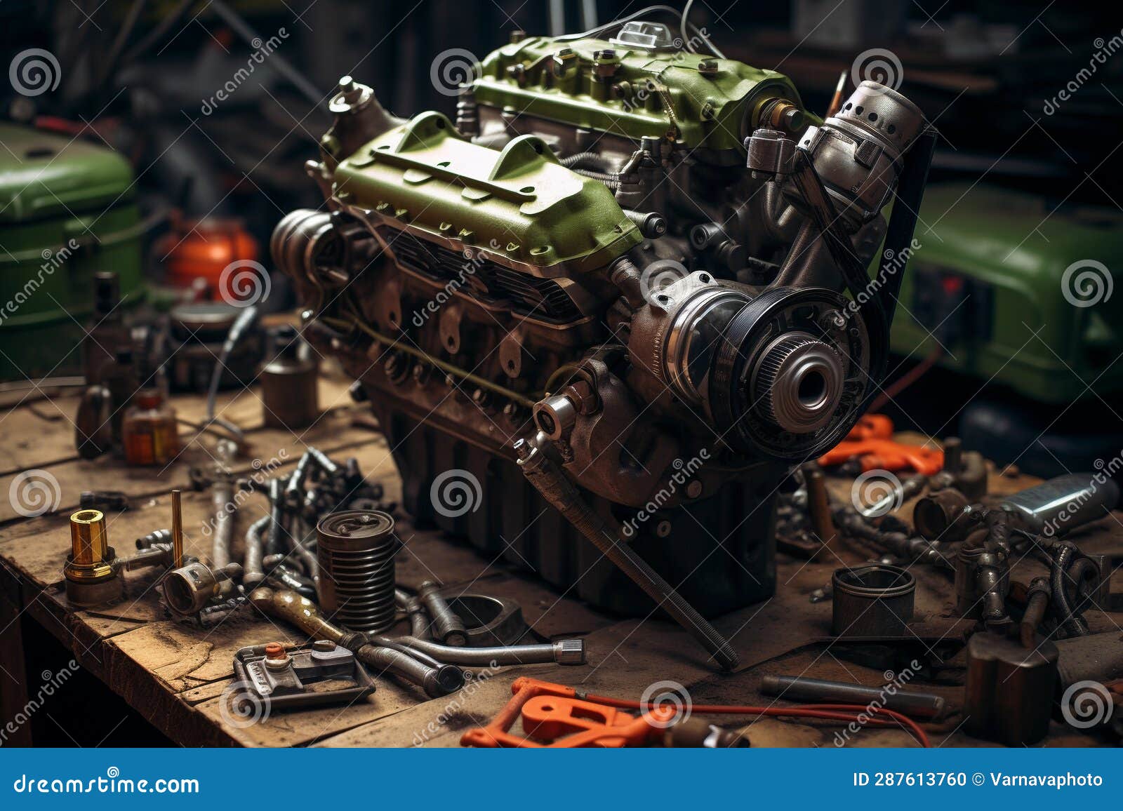 Disassembled Engine and Spare Parts on the Table in the Garage. AI ...