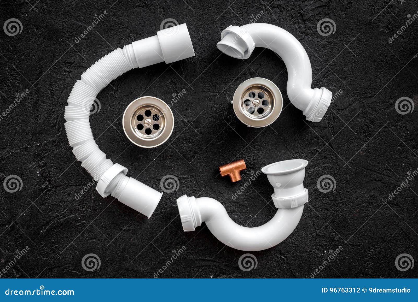 Disassembled Face-like Sink Drain Pipe on Black Background Top View ...