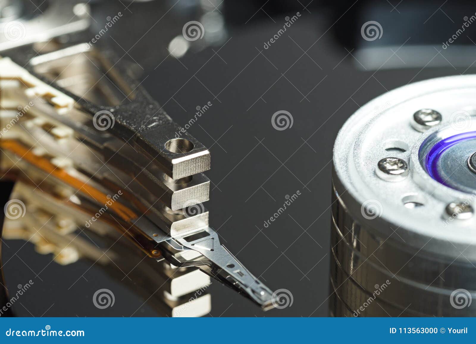 Disassembled Hard Disk Drive Inside Close-up, Spindle, Actuator Arm ...