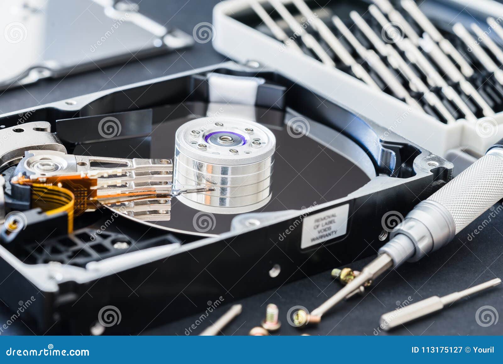 Disassembled Hard Disk Drive Inside Close-up, Spindle, Actuator Arm ...