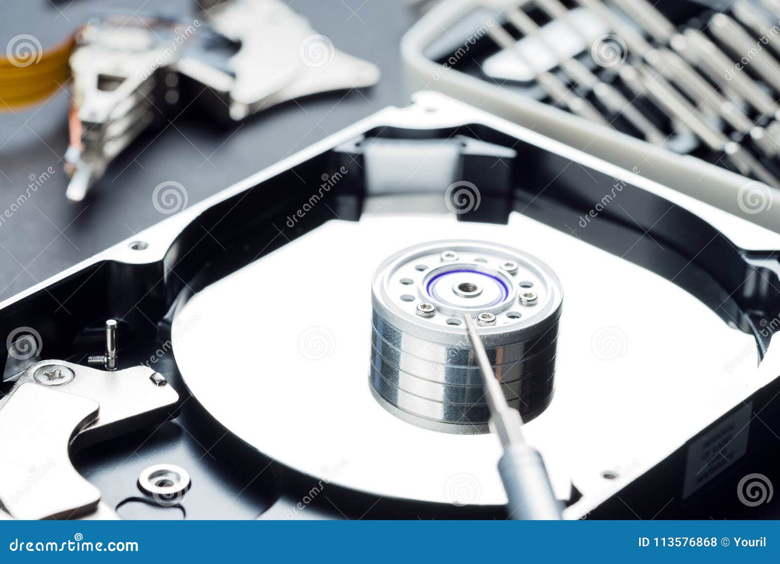 Disassembled Hard Disk Drive Inside Close-up, Spindle, Actuator Arm ...