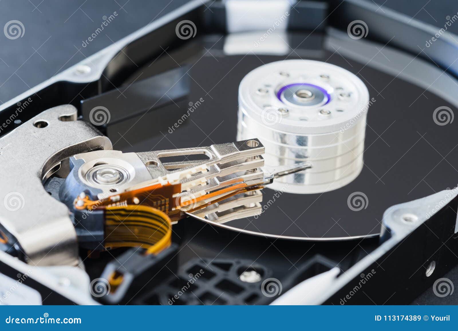 Disassembled Hard Disk Drive Inside Close-up, Spindle, Actuator Arm ...