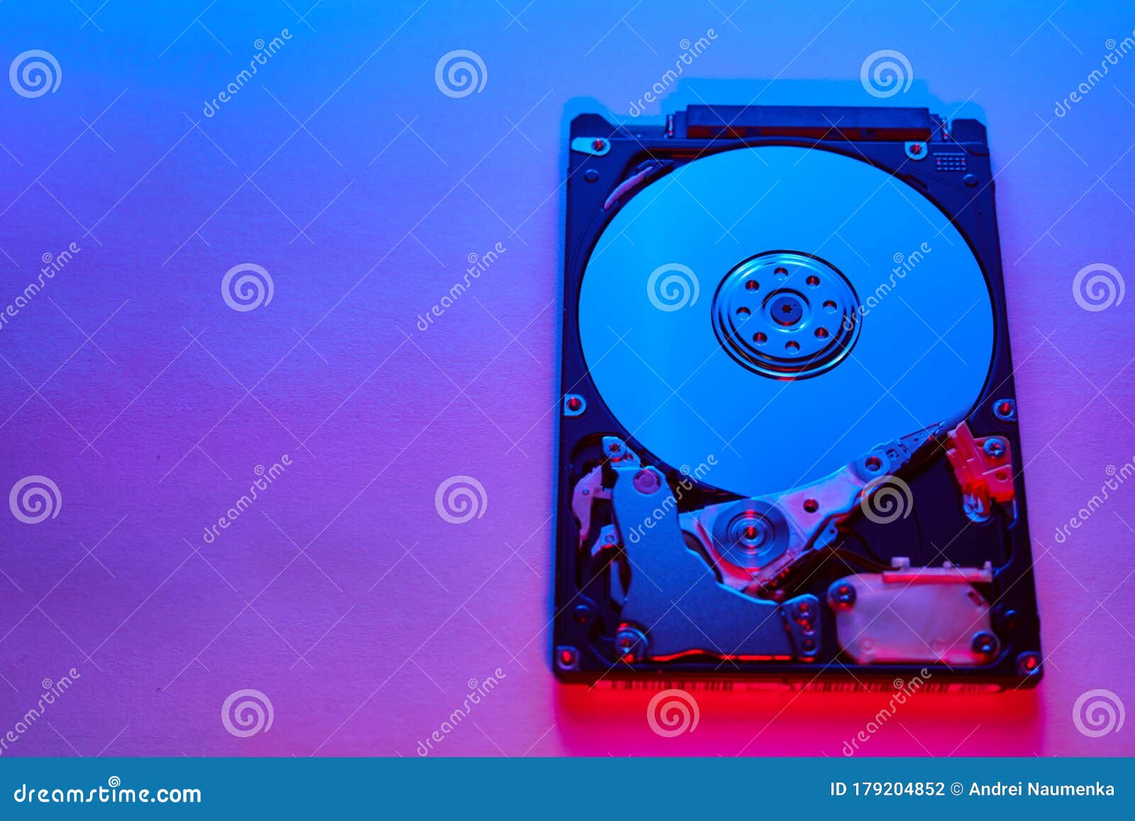 Disassembled Hard Drive from the Computer, Hdd with Neon Light. Opened ...