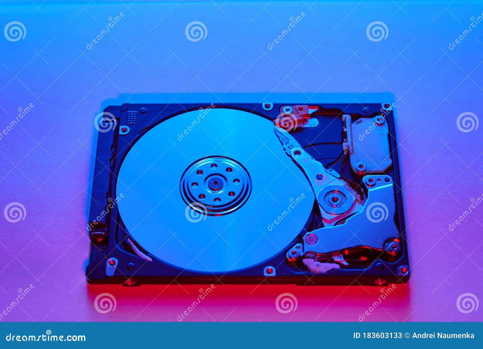 Disassembled Hard Drive from the Computer, Hdd with Neon Light. Opened ...